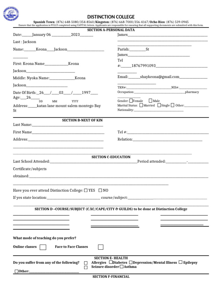 Distinction College-Application Form | PDF | Medical Specialties ...