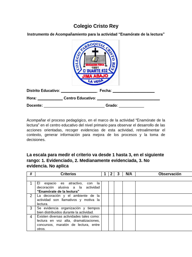 Instrumento de Acompañamiento Actividad Enamorate de La Lectura | PDF | Comunicación humana ...