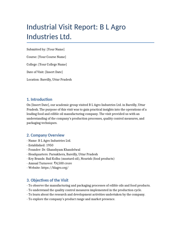 BL Agro Industrial Visit Report | PDF