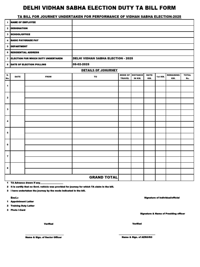Ta Bill Form Delhi Vidhan Sabha Election 05.02.2025 | PDF