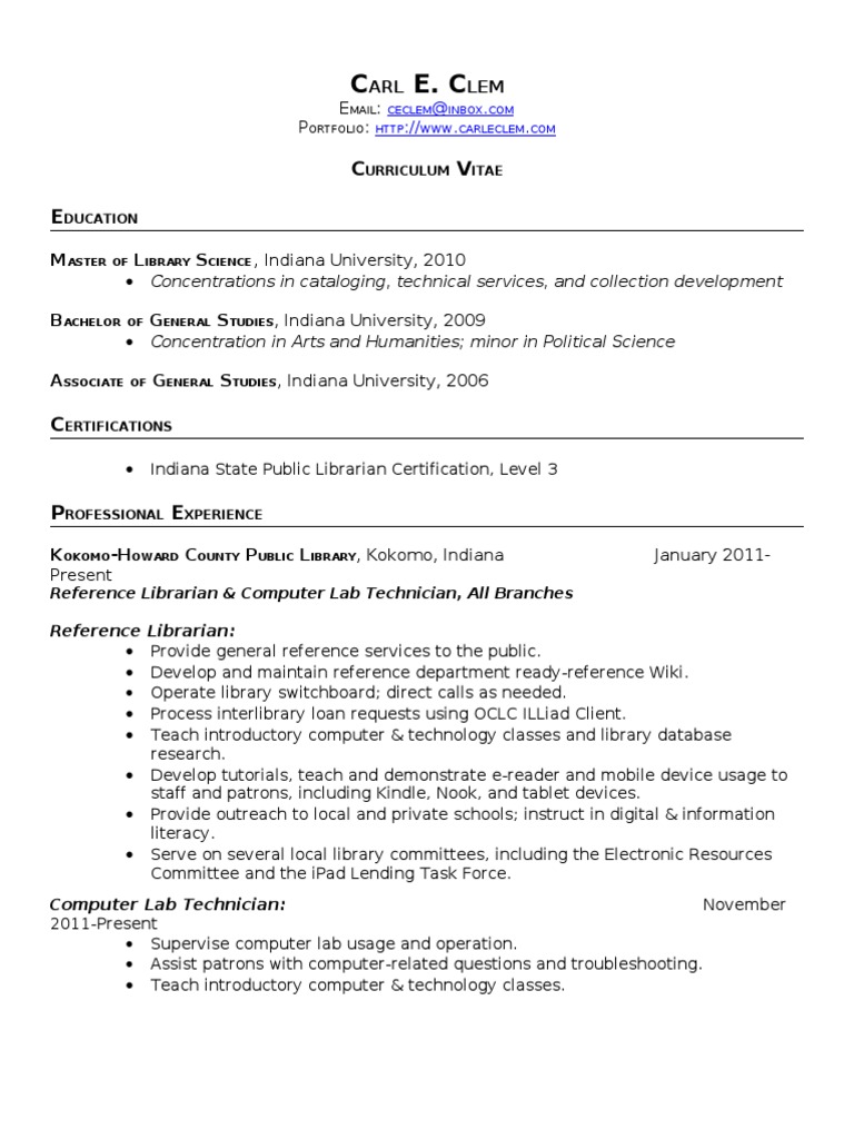 Carl E Clem CV Portfolio | PDF | Librarian | Libraries
