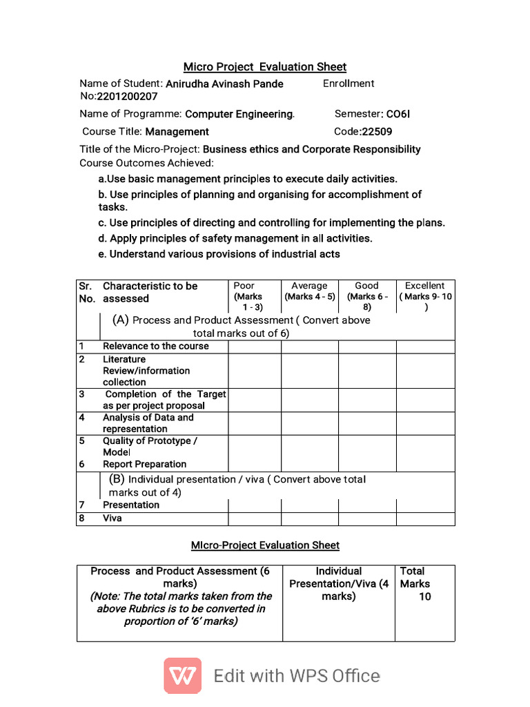 Micro Project Evaluation for Business Ethics | PDF