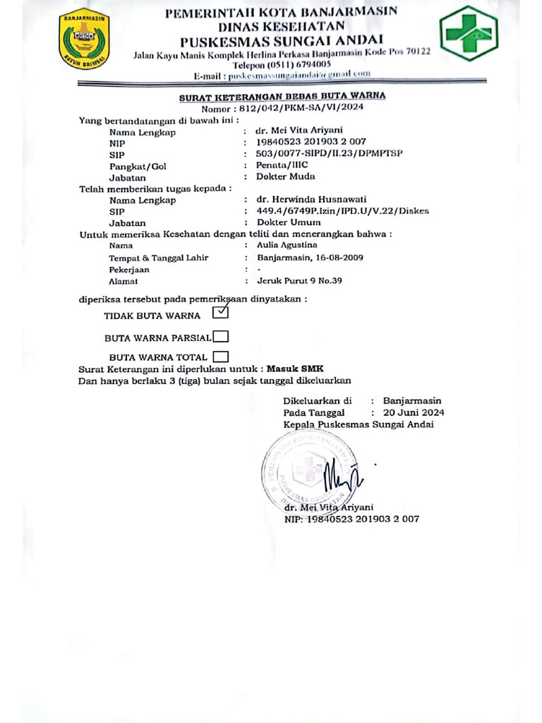 SK Bebas Buta Warna Aulia Agustina-Dikompresi | PDF