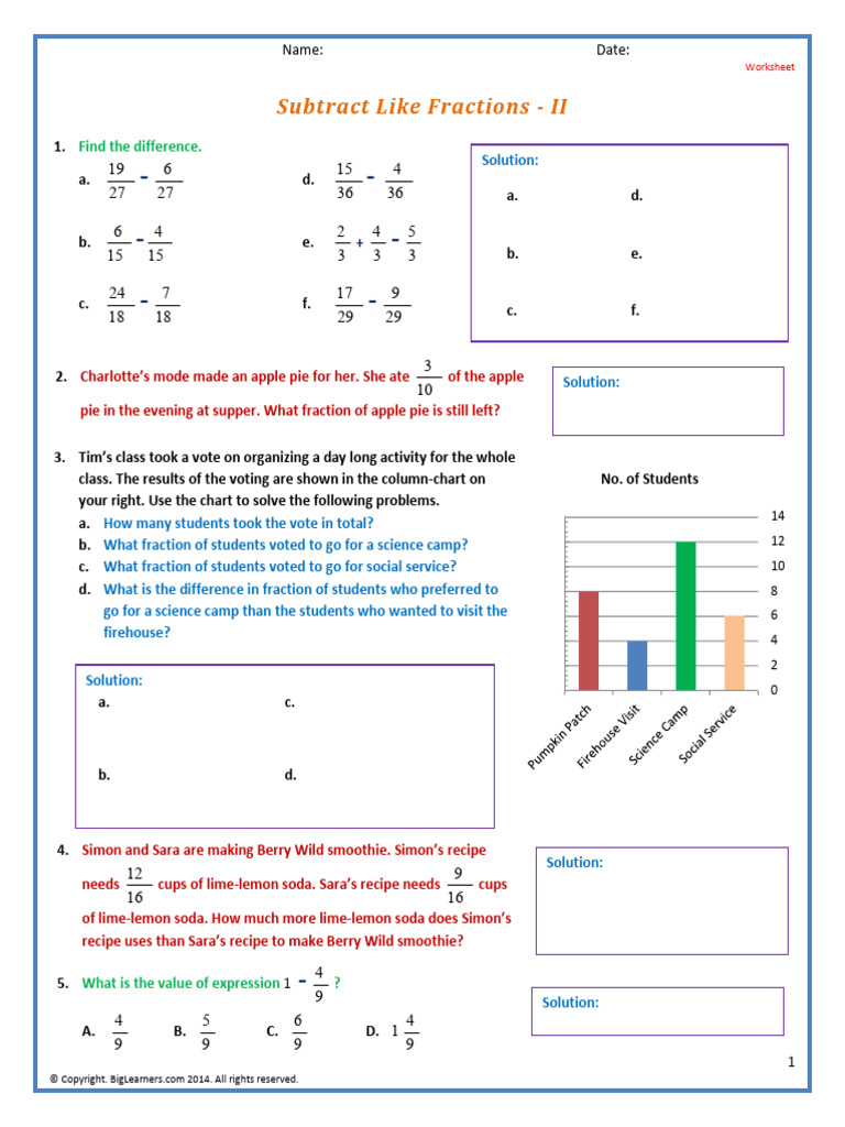Subtract Like Fractions - II | PDF