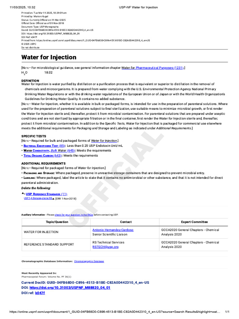 USP Monograph: Water for Injection | PDF | Water | Drinking Water