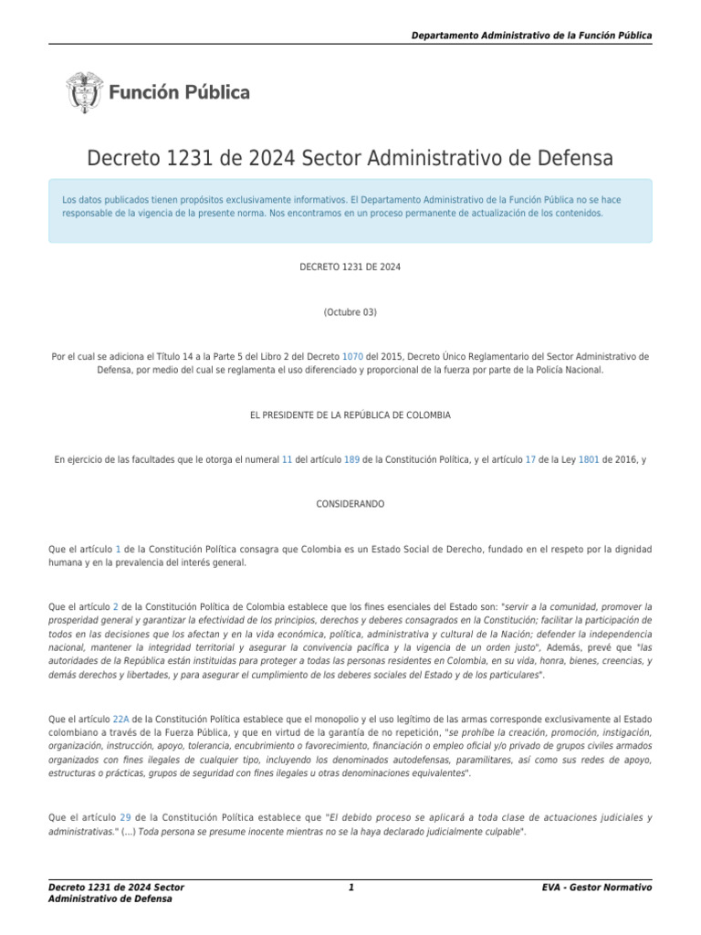 Decreto 1231 de 2024 Sector Administrativo de Defensa PDF | PDF | Justicia | Crimen y violencia