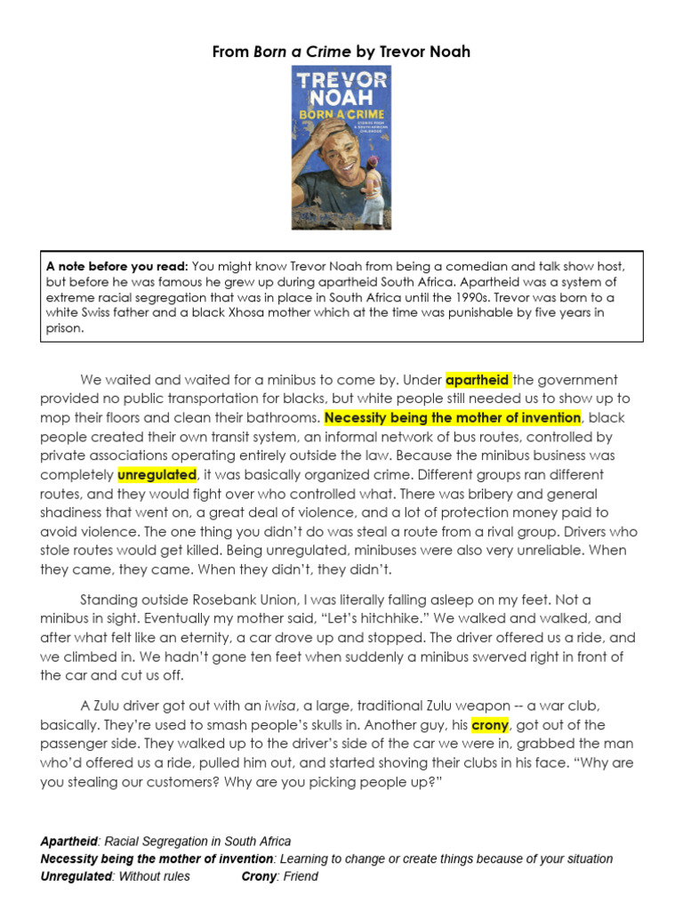 M. Born A Crime by Trevor Noah W - Reading Response | PDF