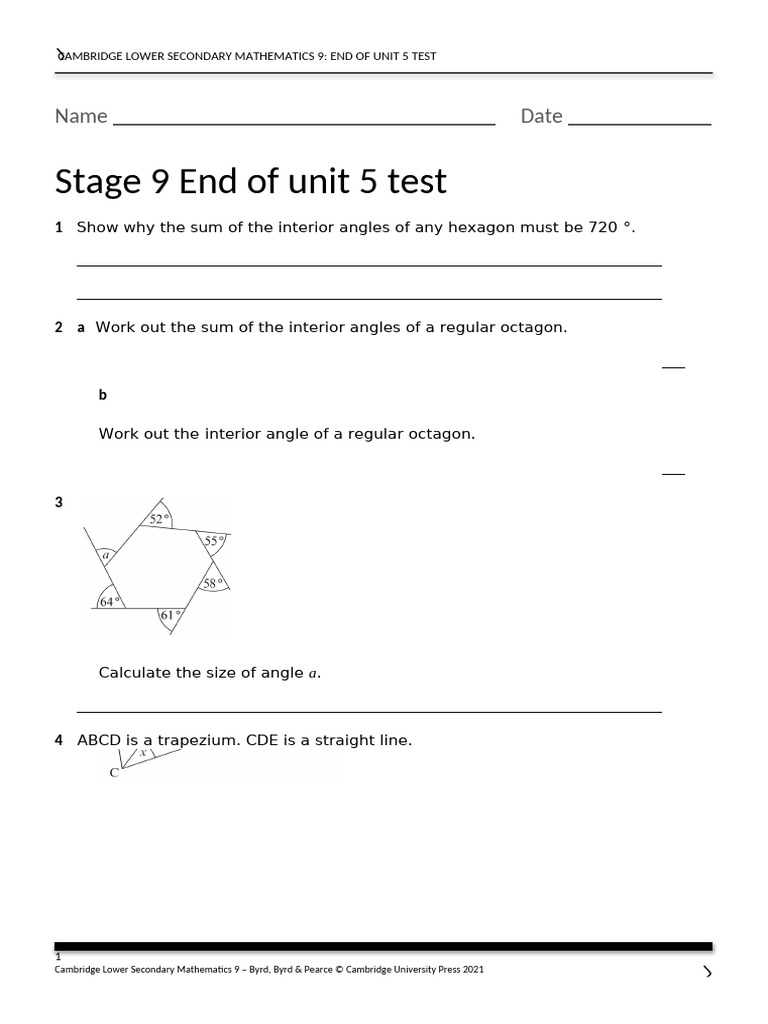 Cambridge Math 9 Unit 5 Test | PDF