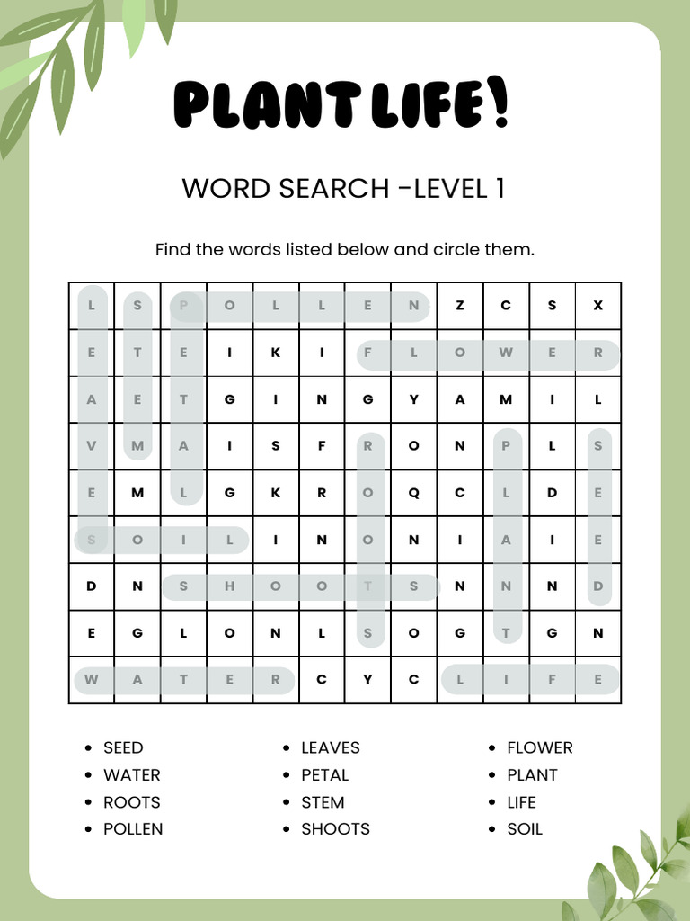 Science plant life cycle word search worksheet in white green nature ...