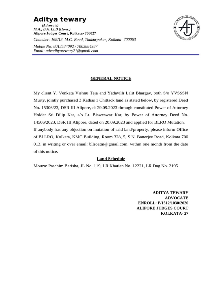 Land Mutation Notice in Kolkata | PDF