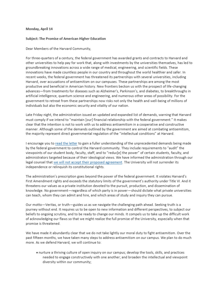 Harvard Letter From Alan Garber | PDF | Justice | Crime & Violence