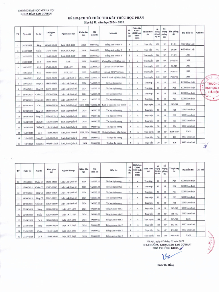 Luật.Kế hoạch thi HK2.NH2425 | PDF