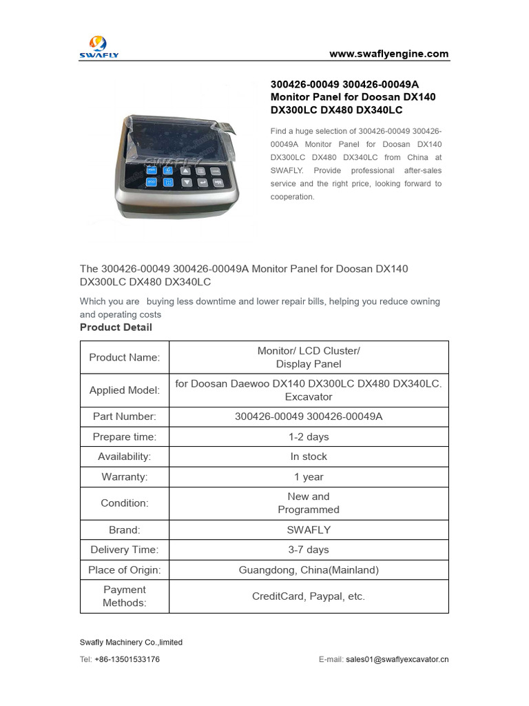 00049a Monitor Panel For Doosan dx140 dx300lc dx480 dx340lc - 942887 | PDF