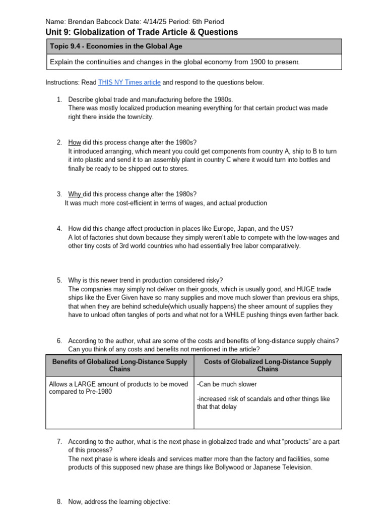 Unit 9 - Globalization and Container Ships Article & Qs | PDF ...