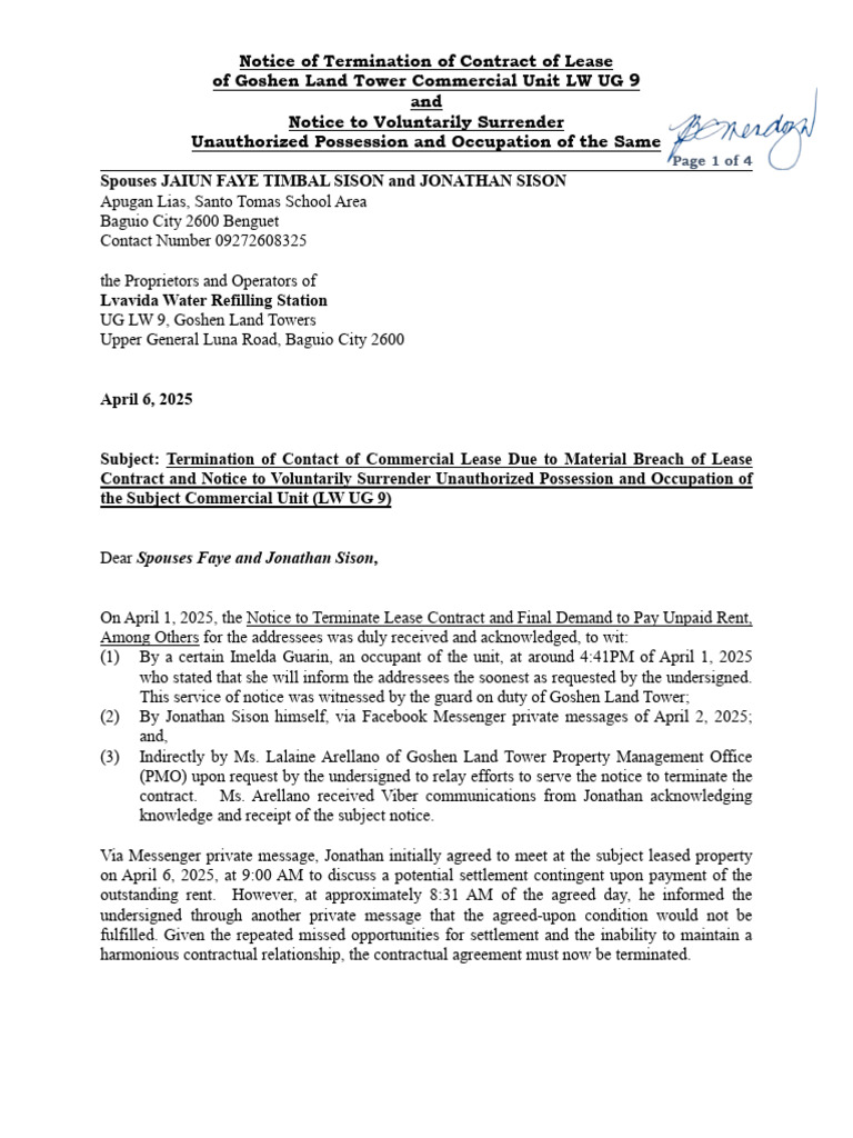 Demand To Vacate Due To Substantial Breach of Commercial Lease Contract ...