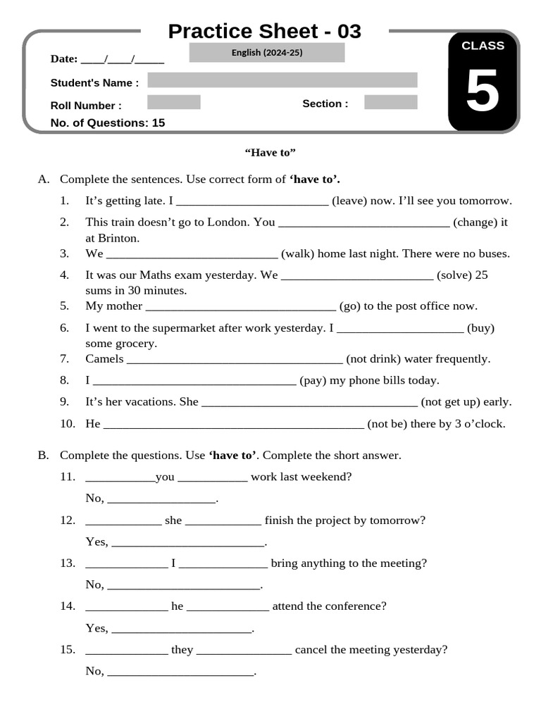 Practice Sheet - 03 Have To | PDF