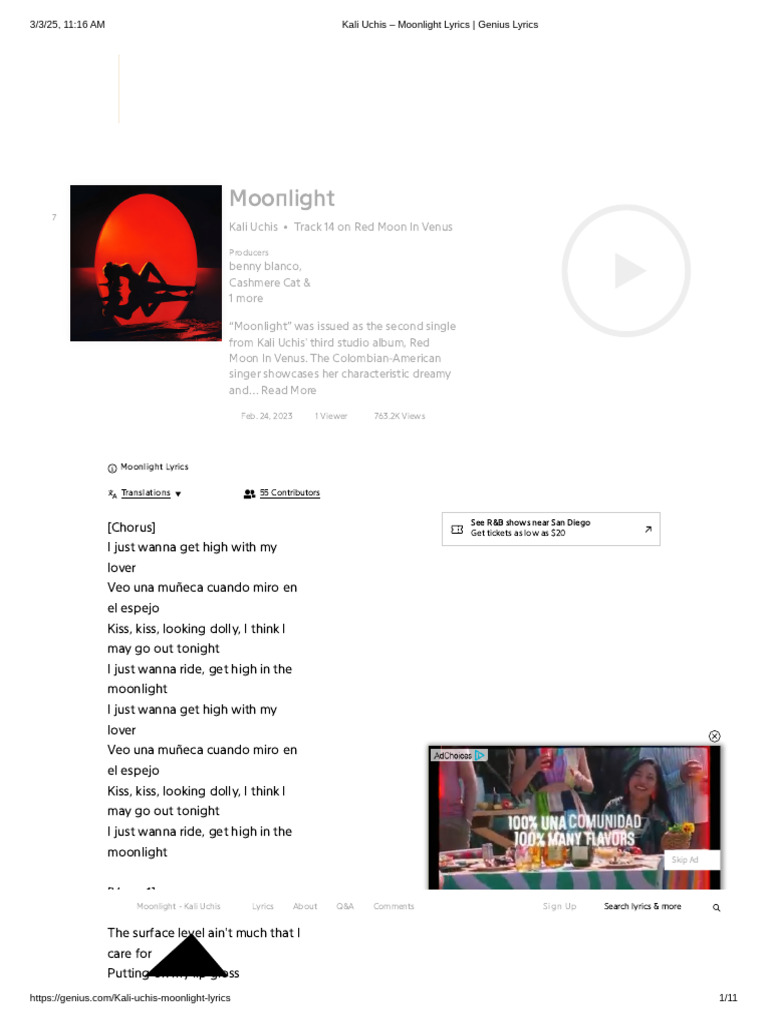 Kali Uchis - Moonlight Lyrics - Genius Lyrics | PDF