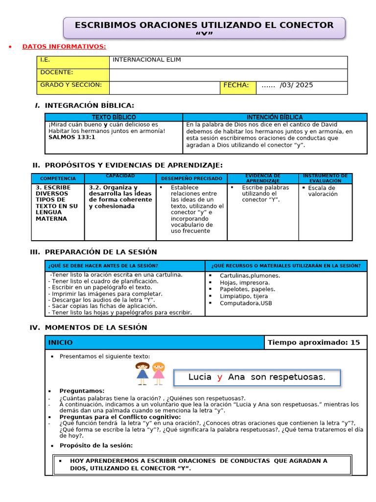 SESION COM - Escribimos Oraciones Utilizando El Conector "Y" | PDF ...