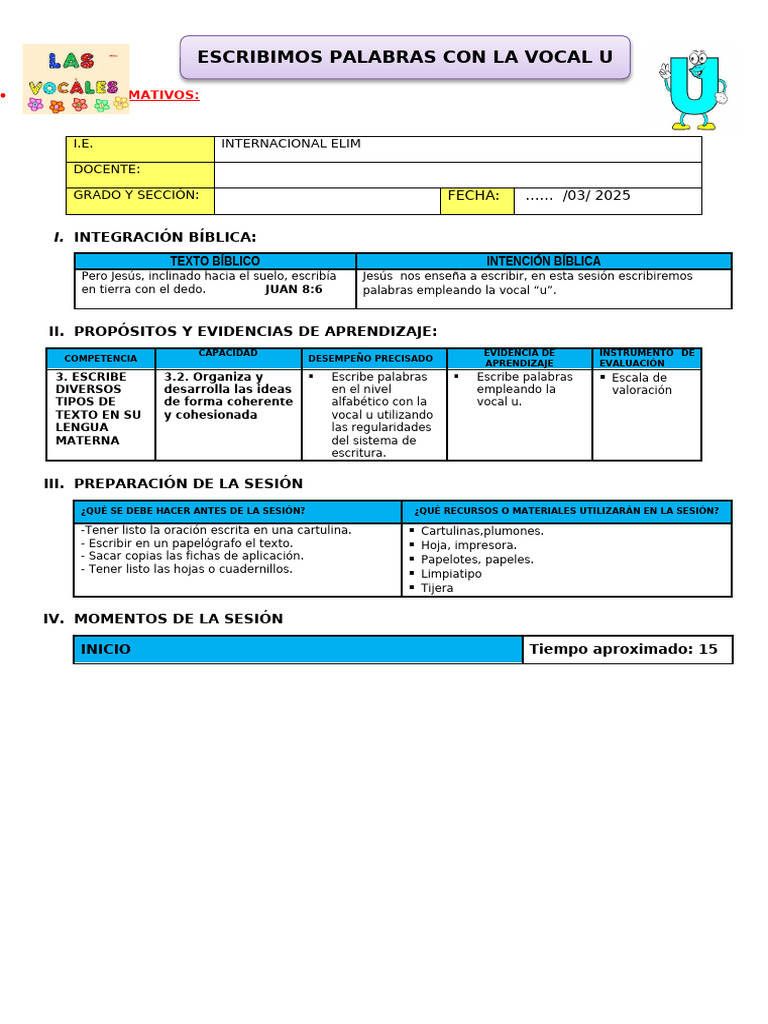 SESION COM. Escribimos Palabras Con La Vocal U | PDF | Vocal | Plan de ...