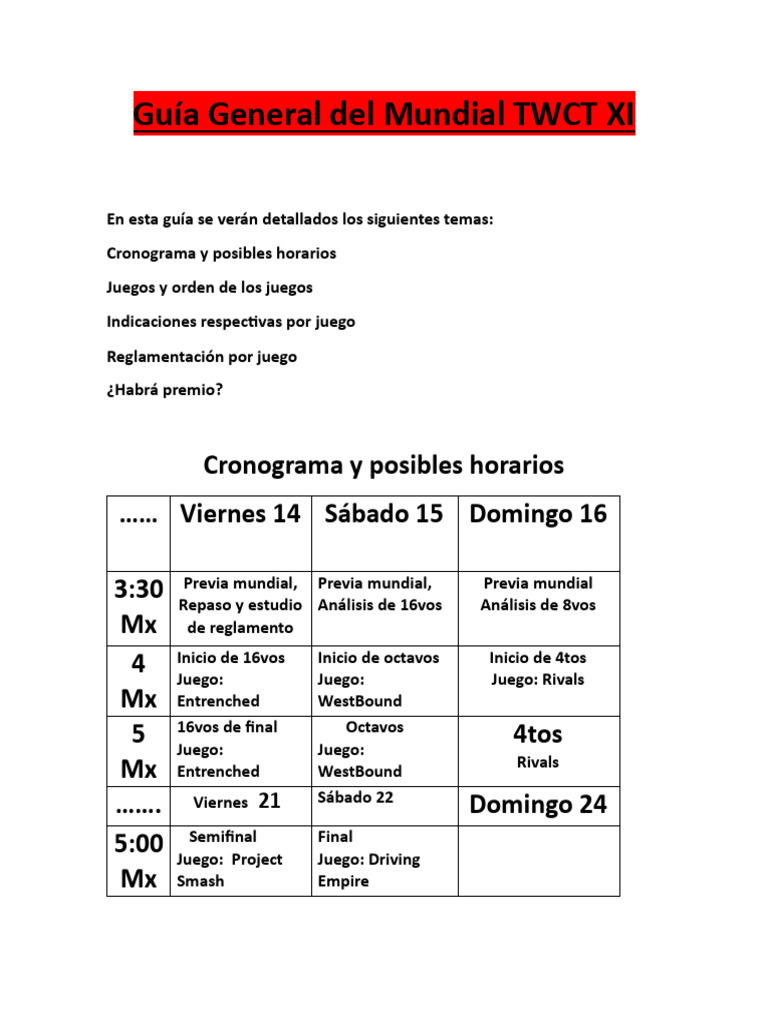 Guía Mundial TWCT XI: Cronograma y Juegos | PDF