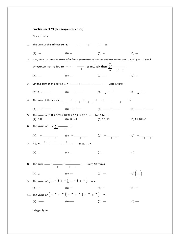 Practice Sheet 19(Telescopic Sequences) - Copy - Copy | PDF | Numbers | Mathematical Concepts