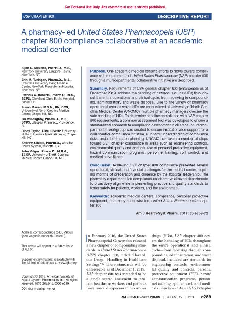 A pharmacy-led United States Pharmacopeia (USP) chapter 800 compliance ...