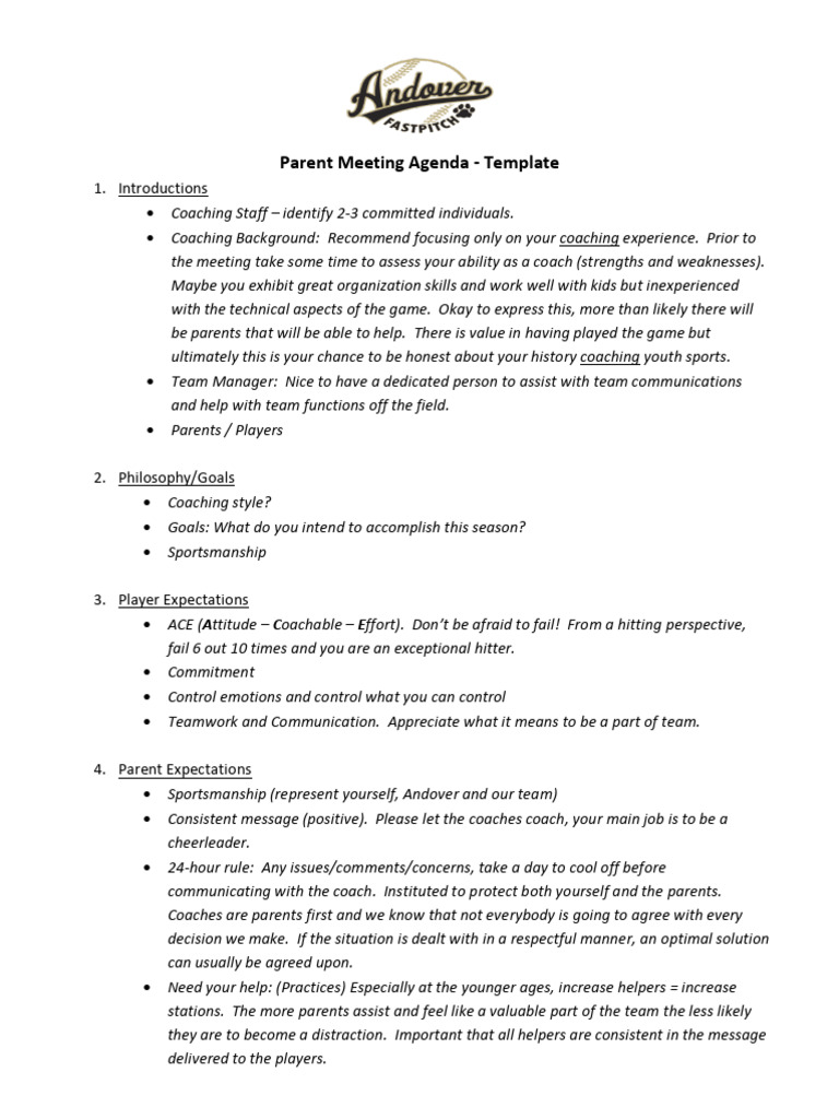 Parent S Meeting Agenda - Template and Examples | PDF | Softball | Ball ...
