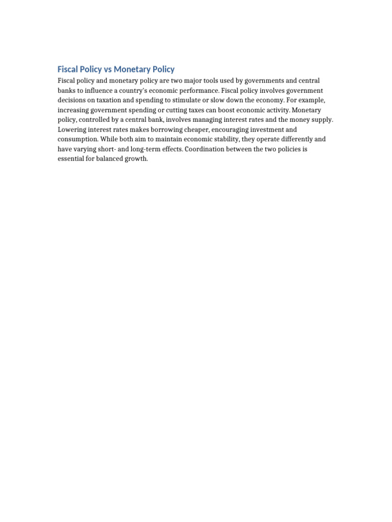 Fiscal Policy Vs Monetary Policy | PDF