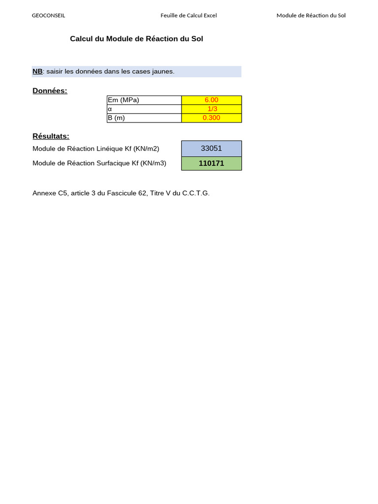 Spreadsheets Calcul Du Module de Réaction Du Sol | PDF