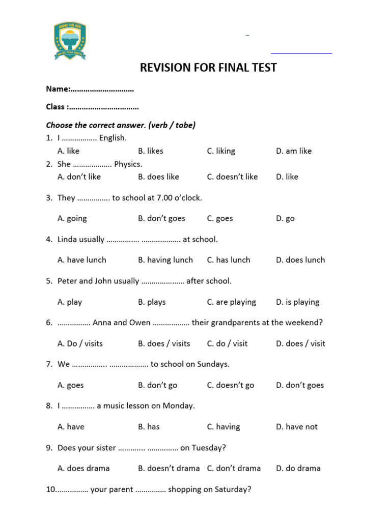 Final Test Revision for English Students | PDF