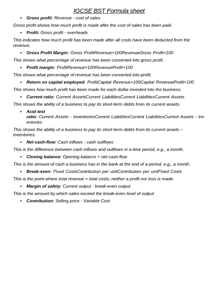 IGCSE BST Formula Sheet | PDF