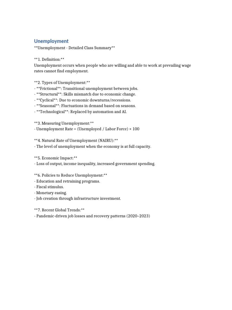 Unemployment - Detailed Class Summary | PDF