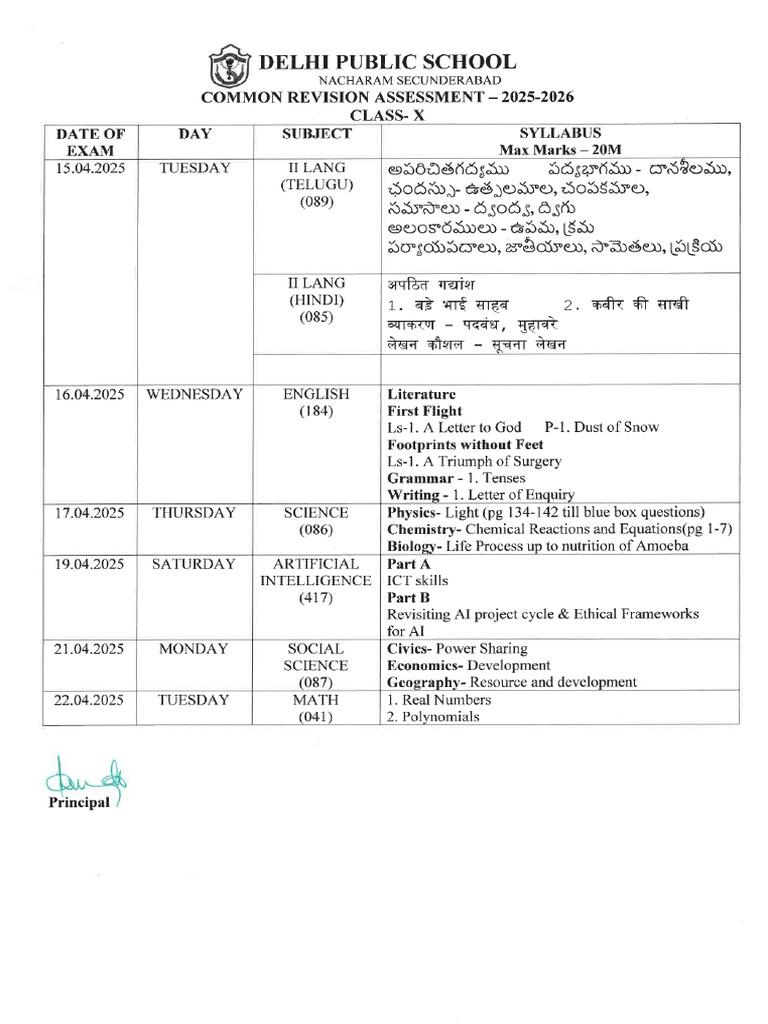 Class 10 Date and Syllabus Sheet | PDF