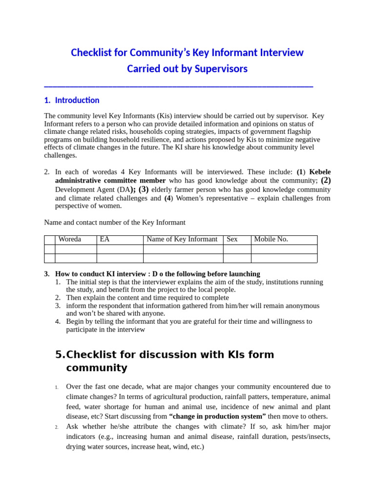 Checklist For Community Level KI Interview (Draft) | PDF | Climate ...