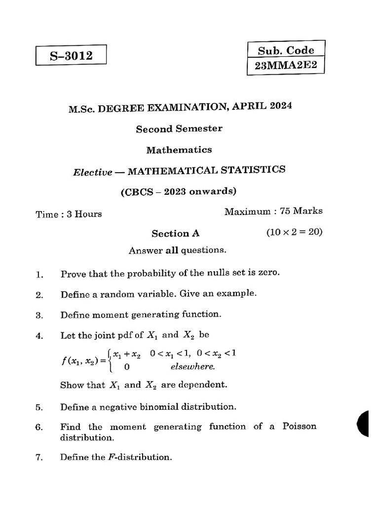 Mathematical Statistics April 2024 | PDF