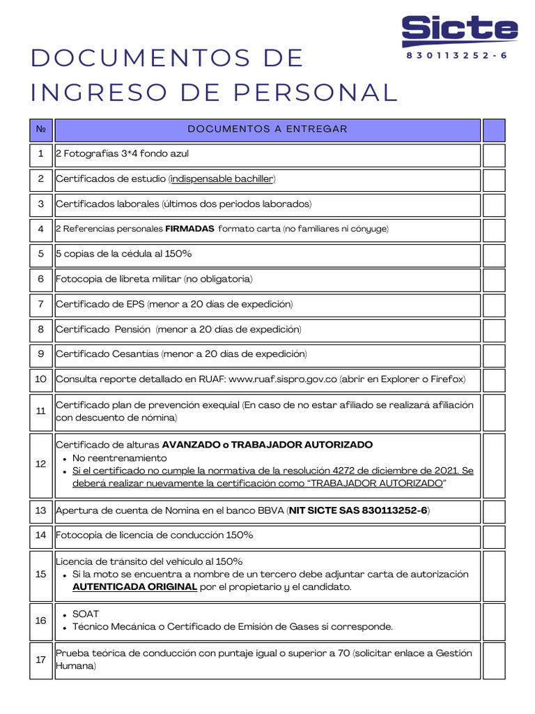 Documentos de Ingreso de Personal | PDF
