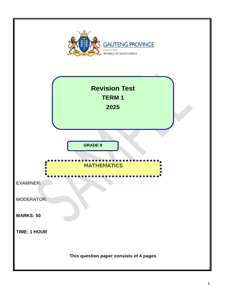 Grade 9 Maths Revision Test Term 1 2025 | PDF | Multiple Choice ...