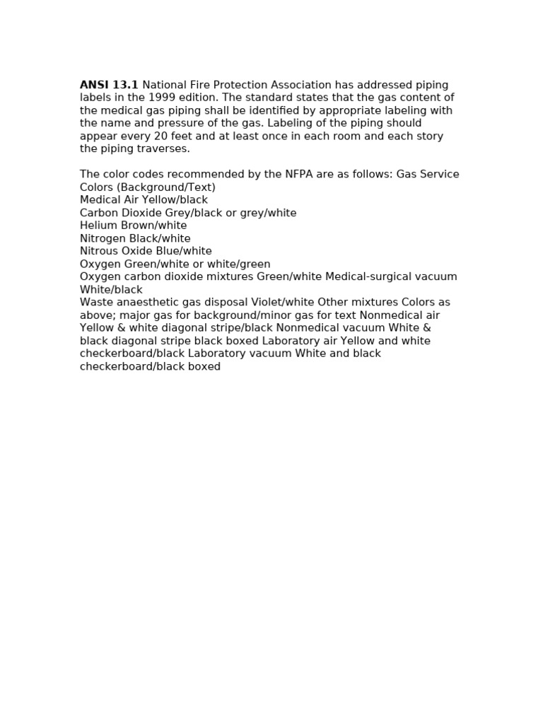 Medical Gas Pipeline Color Codes | PDF