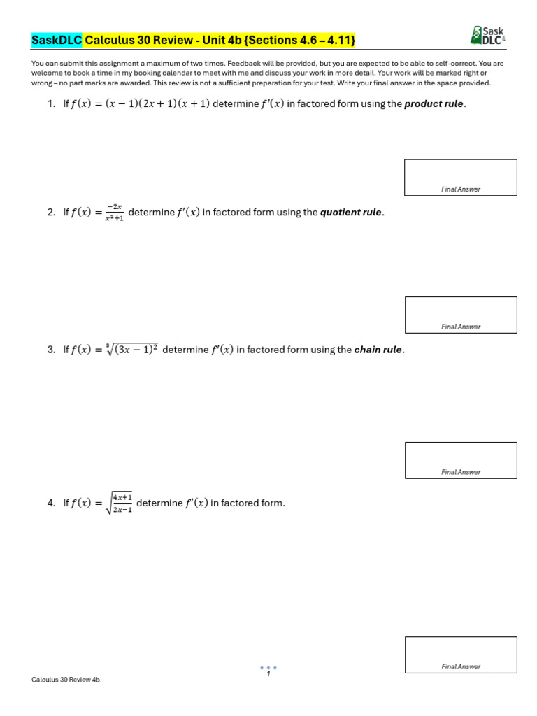 Calculus 30 Review Unit 4b | PDF | Tangent | Differential Geometry
