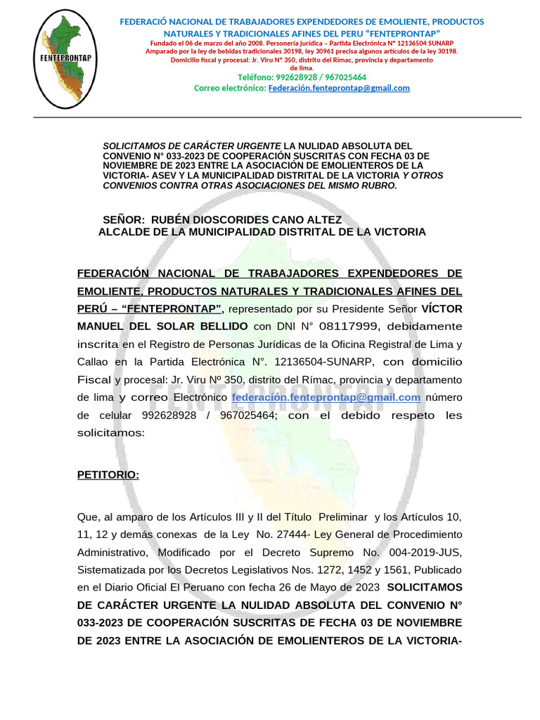 Solicitamos de Carácter Urgente La Nulidad Absoluta Del Convenio N ...