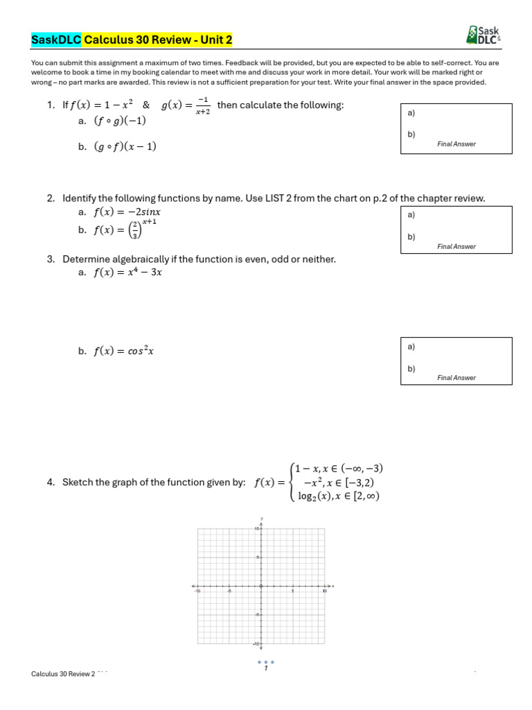 Calculus 30 Review Unit 2 | PDF | Function (Mathematics) | Calculus