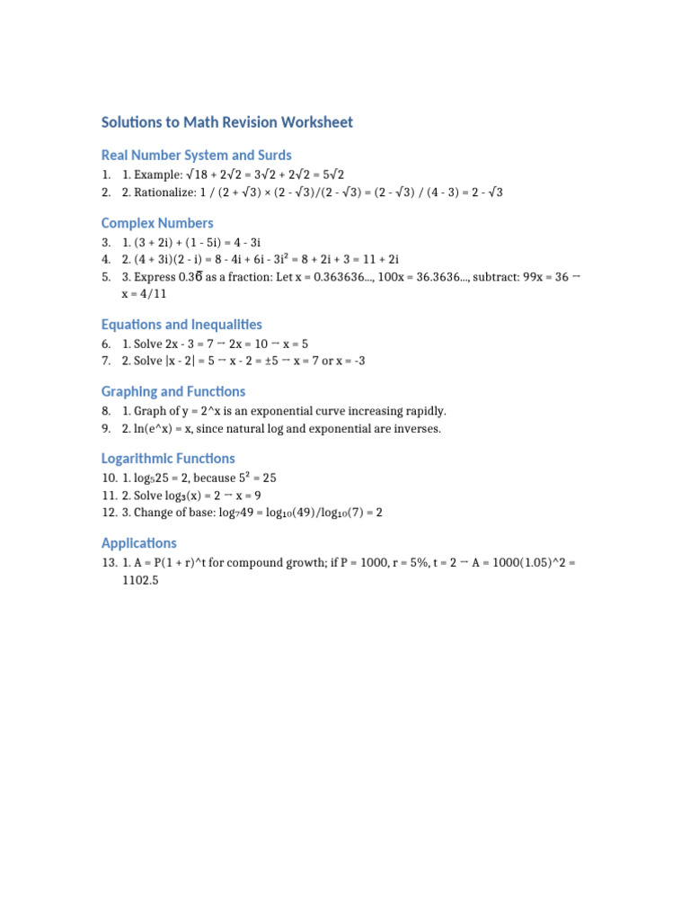 Solutions To Math Revision Worksheet | PDF