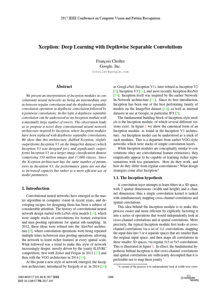 Xception Deep Learning With Depthwise Separable Convolutions | PDF ...