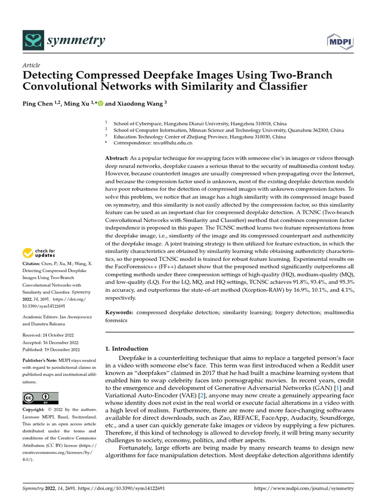 Detecting Compressed Deepfake Images Using Two-Branch Convolutional Networks With Similarity and ...
