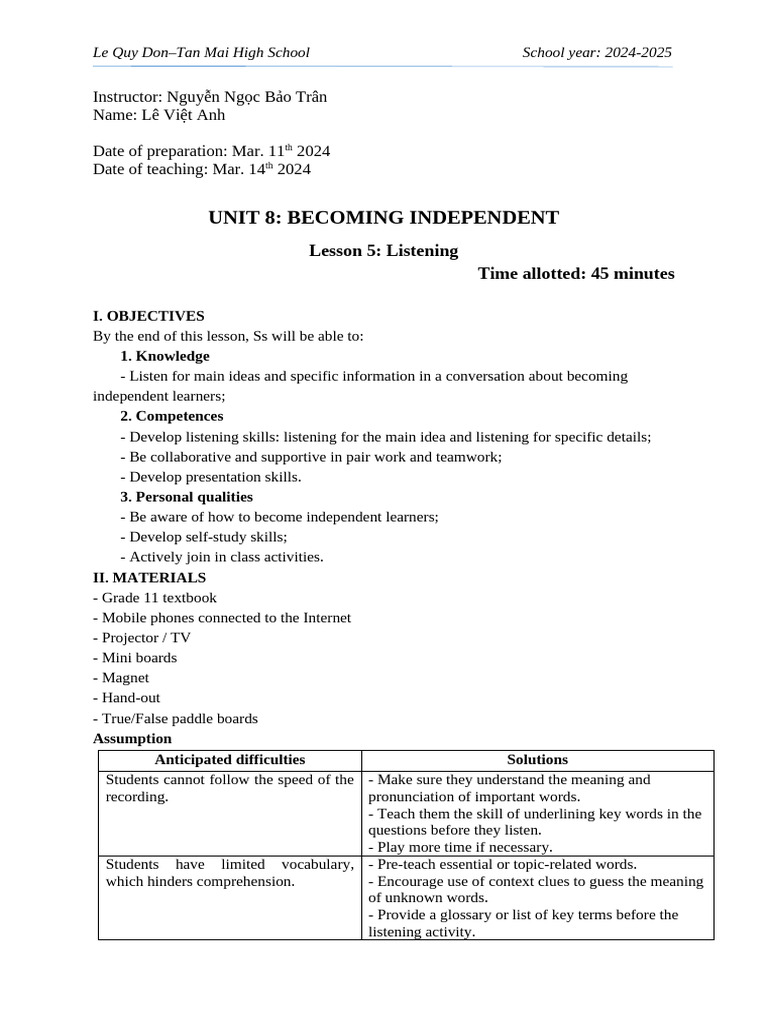 Lesson Plan - Unit 8.L5. Listening - Vanh | PDF | Reading Comprehension | Learning