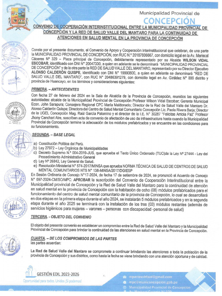 Convenio de Cooperacion Interinstitucional Entre MPC y La Red de Salud Valle Del Mantaro | PDF