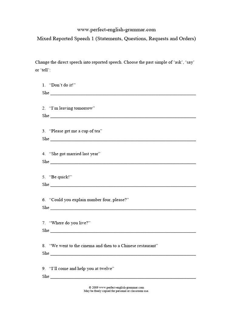 Reported Speech Mixed Exercise 1 WITH ANSWERS | PDF