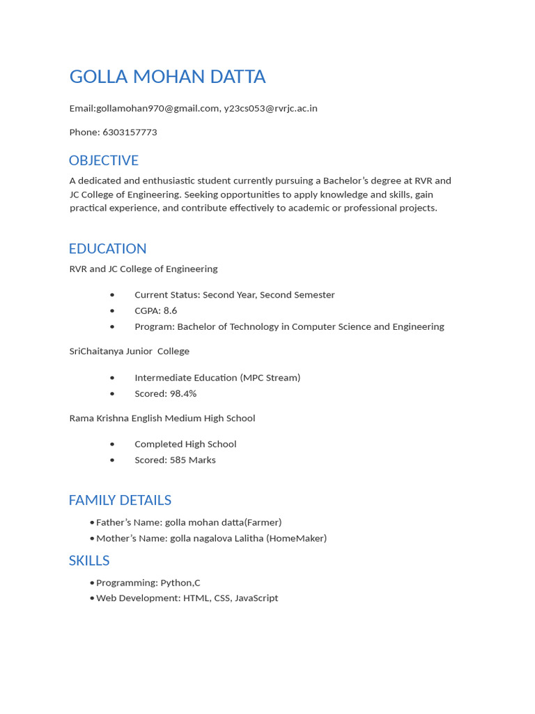 Student Resume: Computer Science Major | PDF