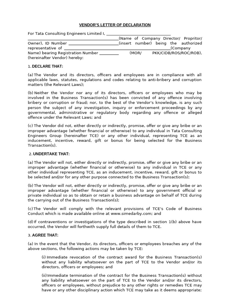 VENDOR Declaration form1 | PDF | Bribery | Breach Of Contract