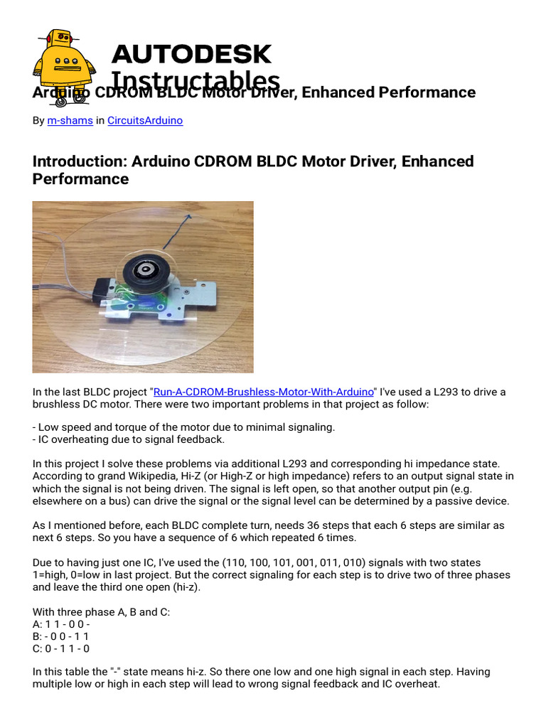 Arduino CDROM BLDC Motor Driver, Enhanced Performance - Instructables | PDF